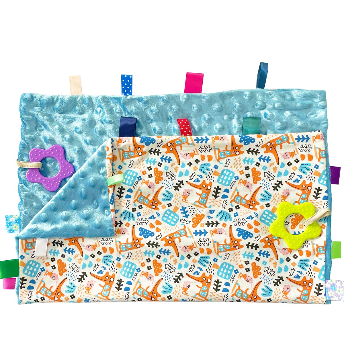 1 PC Blue Fox Big Size Baby Tag Blanket, Soft Baby Security Label Blanket, Taggy Blanket for Toddler Gift(21.7x17.7)