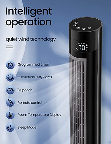 Selanto 36'' Tower Fan with Remote, Portable 80° Oscillating Fan Tower, Large LED Display, Touch Control, 12H Timer, 3 Speeds, 3 Modes, Quiet Bladeless Cooling Fan for Bedroom, Standing Floor Fans for Home Office (44'', Black)