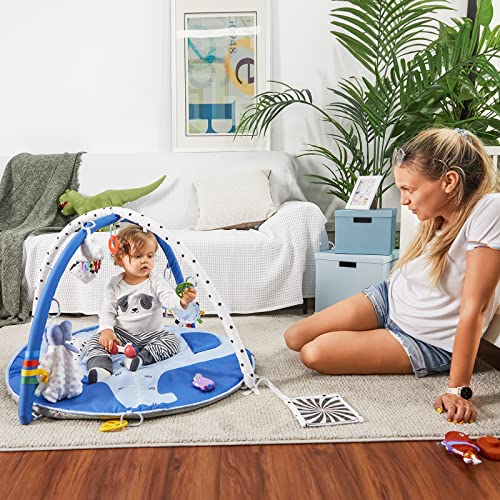 SYNPOS Baby Gym Play Mat, Baby Play Mat with 10 Toys for Sensory and Motor Skill Development, Baby Gym Activity Mat with Elephant Security Blanket, Rainbow Play Mat for Baby Gift