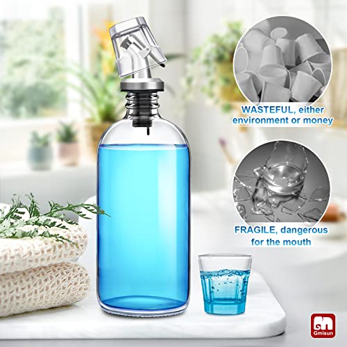 GMISUN Mouthwash Dispenser, 2 Pack 16oz Glass Mouthwash Decanter for Bathroom, 2 Refillable Mouthwash Bottles Container, 3 Pour Spouts, 2 Reusable Mouthwash Cups, Preprinted Labels and Funnel