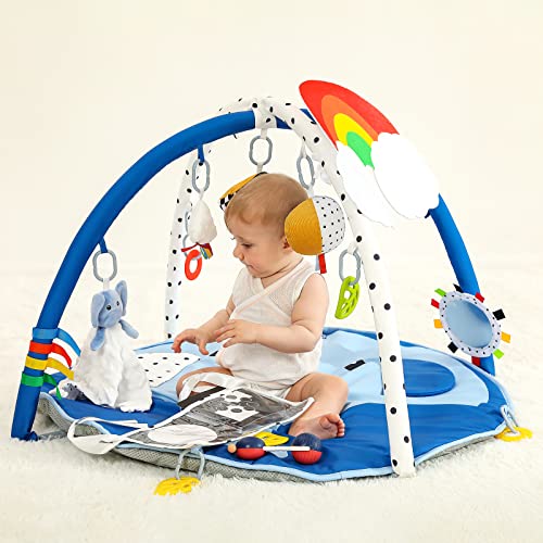 SYNPOS Baby Gym Play Mat, Baby Play Mat with 10 Toys for Sensory and Motor Skill Development, Baby Gym Activity Mat with Elephant Security Blanket, Rainbow Play Mat for Baby Gift