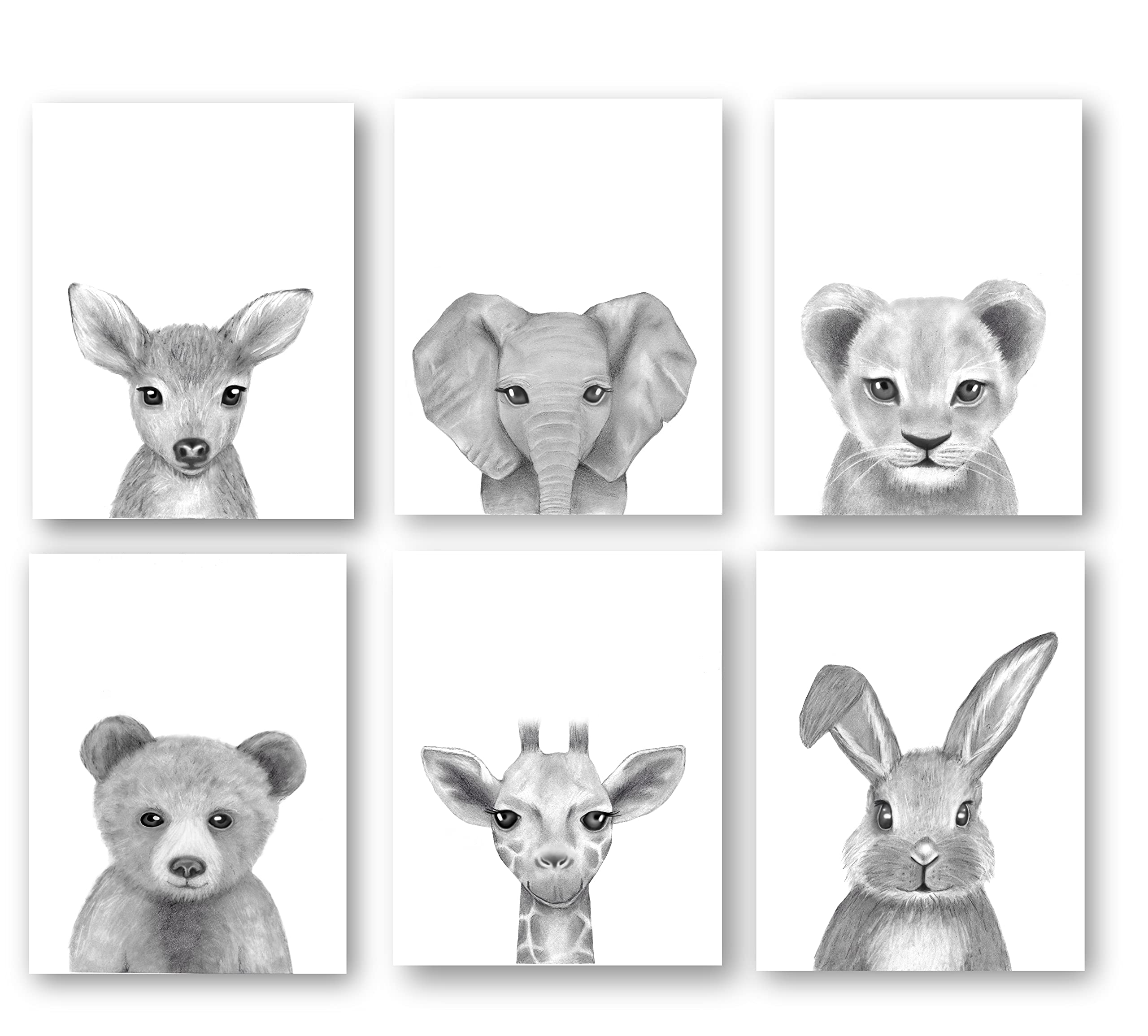 Baby Animal Nursery Prints |Set of 6| Neutral Woodland and Safari Artwork for Wall Decor (11in x 14in)
