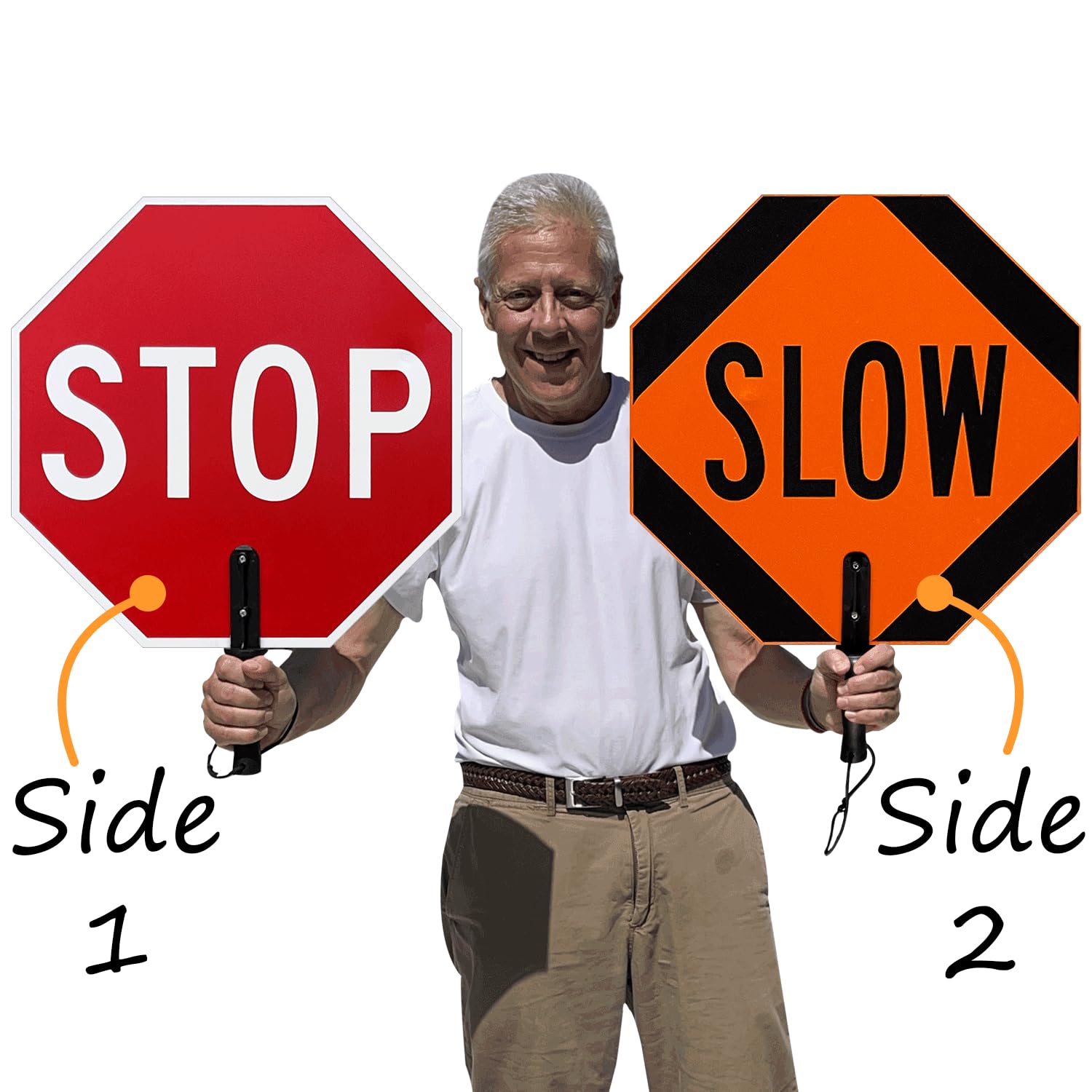 SmartSign 18 x 18 inch Handheld “STOP - SLOW” Paddle Sign with Handle, Double-Sided, Screen Printed, 120 mil Aluminum Composite, Multicolor, Made in USA
