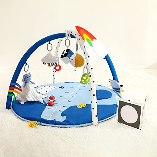 SYNPOS Baby Gym Play Mat, Baby Play Mat with 10 Toys for Sensory and Motor Skill Development, Baby Gym Activity Mat with Elephant Security Blanket, Rainbow Play Mat for Baby Gift