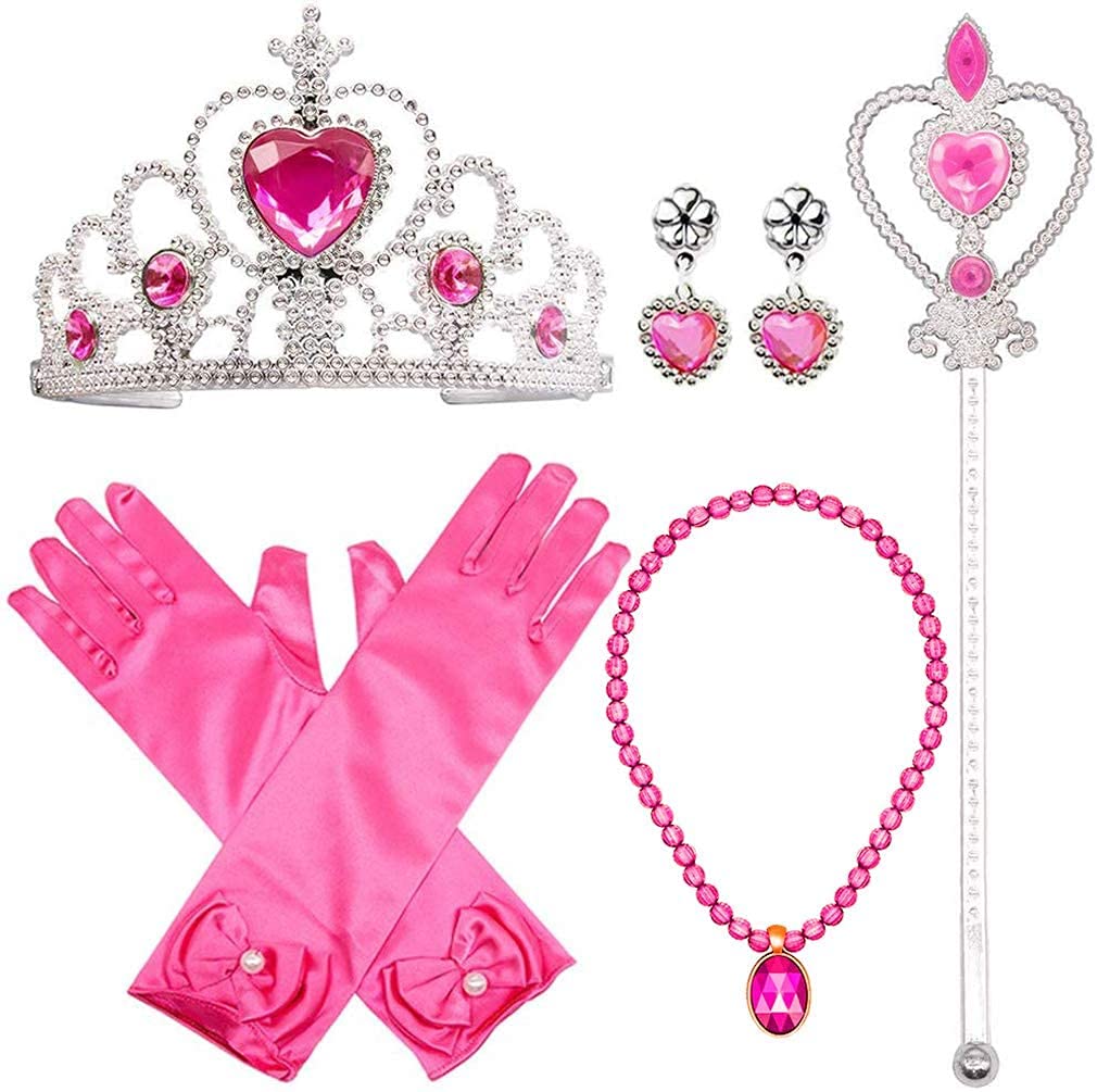 BIRLON Princess Dress Up Costume Accessories Elsa Set For Princess Cosplay Gloves Tiara Wand and Fancy Long Cape(6 Pieces) (pink)