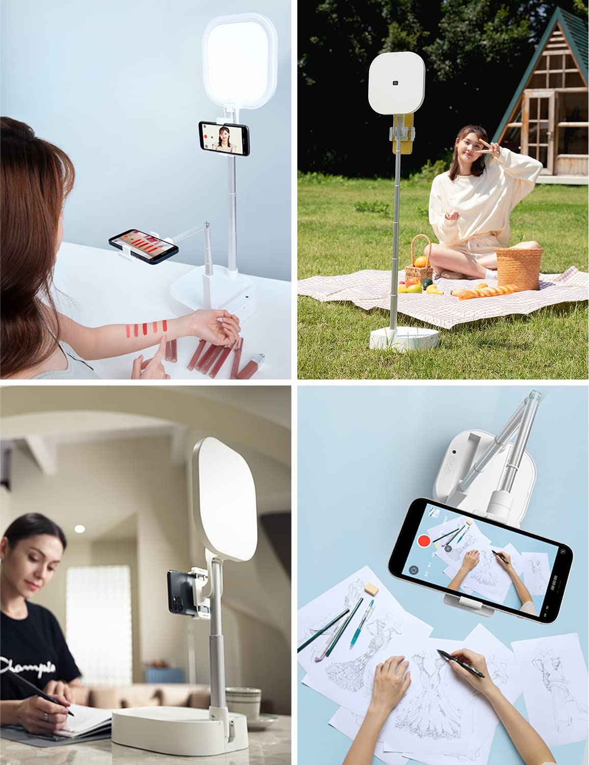 Viozon Extendable Selfie Stand,Height&Angle Adjustable,Overhead 360° Rotate,2 Phone Holders,Rechargeable Wireless Foldable 15 Brightness LED Light for Live Streaming/YouTube/Tiktok/Video/Makeup