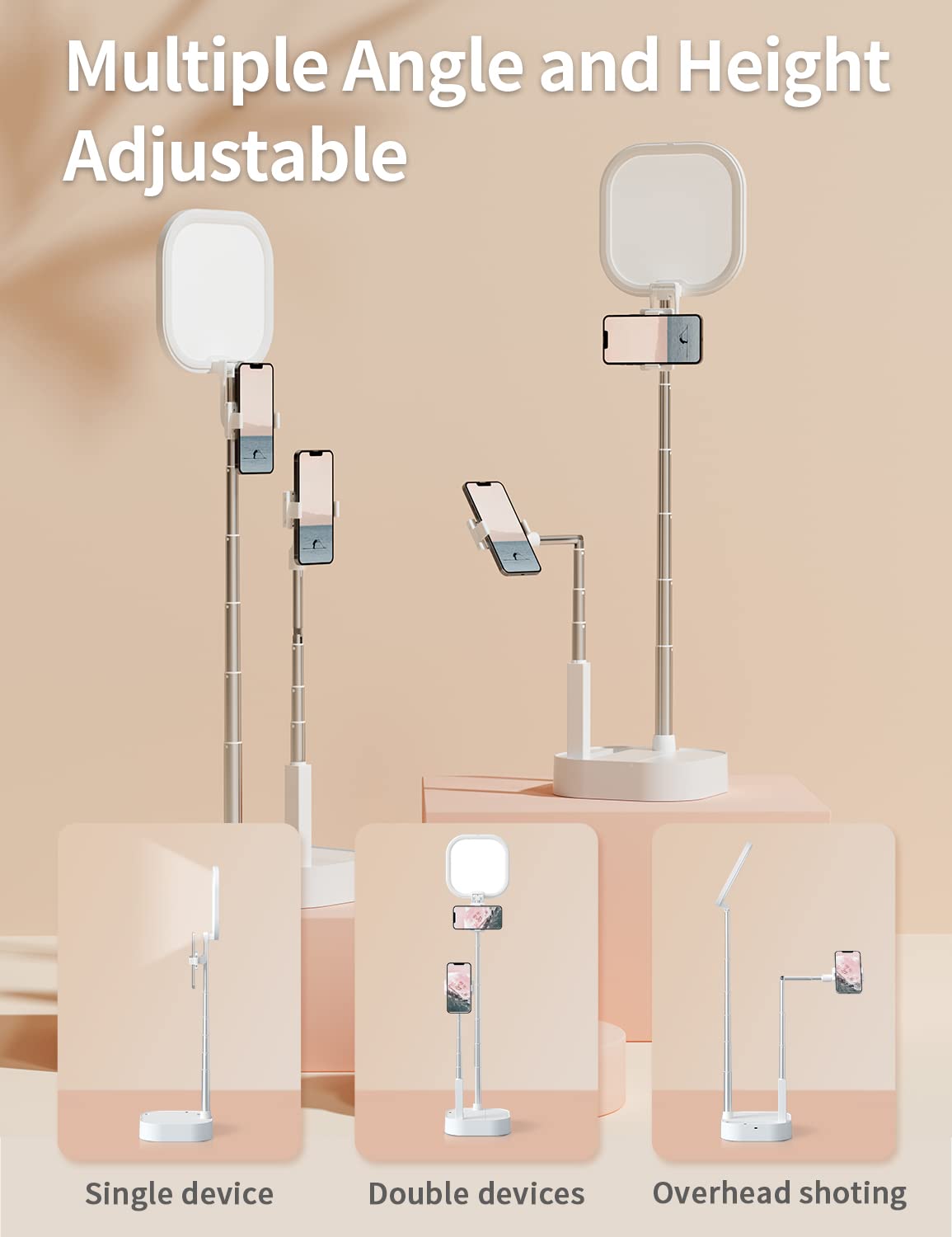 Viozon Extendable Selfie Stand,Height&Angle Adjustable,Overhead 360° Rotate,2 Phone Holders,Rechargeable Wireless Foldable 15 Brightness LED Light for Live Streaming/YouTube/Tiktok/Video/Makeup