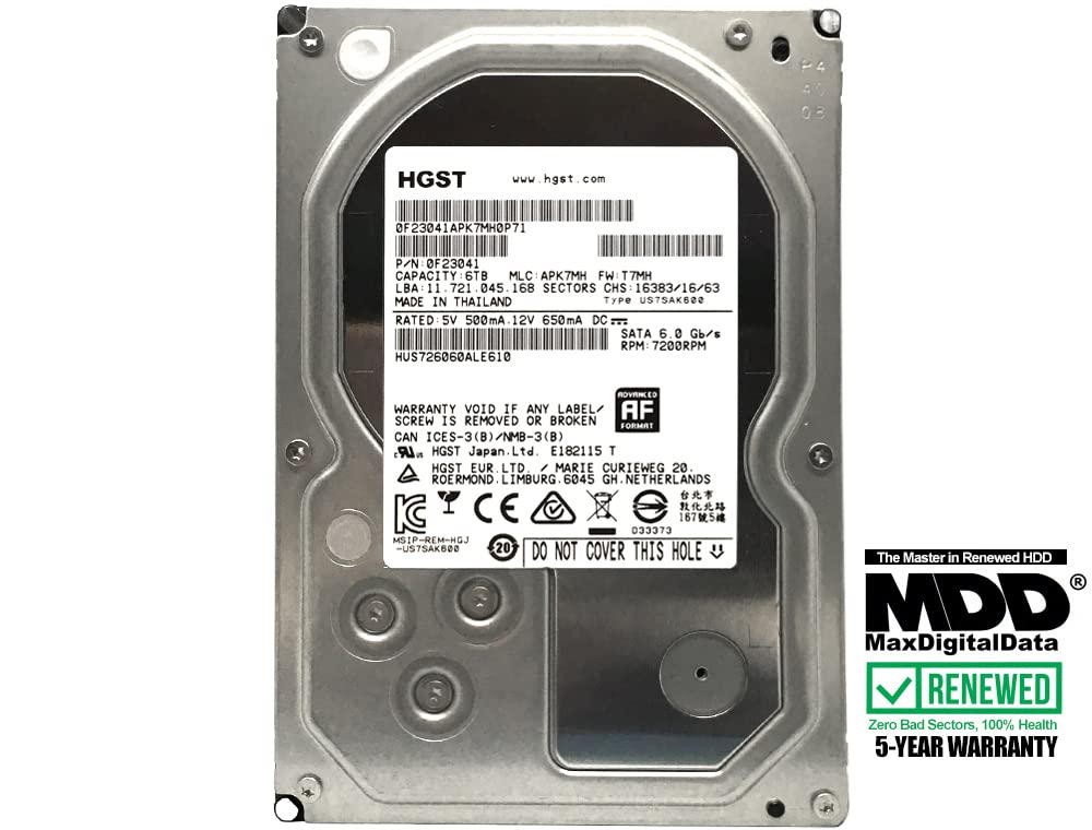 MDD - HGST Ultrastar (HUS726060ALE610) 6TB 7200RPM 128MB Cache SATA 6Gb/s 3.5-inch Enterprise Hard Drive (for NAS, Desktop PC, Surveillance Storage) - 5 Year Warranty (Renewed)
