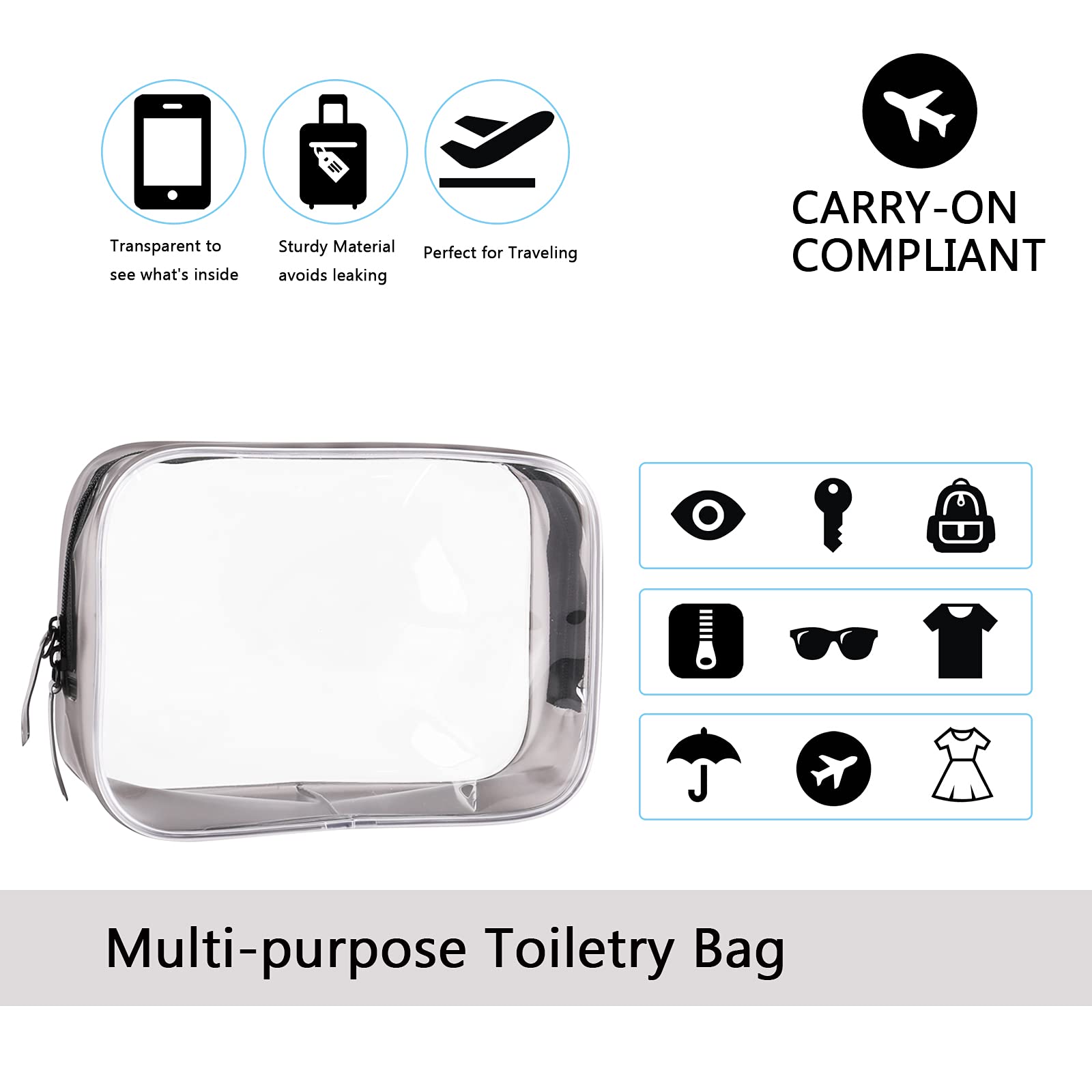 Clear Travel Bags for Toiletries, Lightweight Clear Toiletry Bag, 2 Pack Multipurpose Transparent TSA Cosmetic Bag Clear Pouch For Traveling