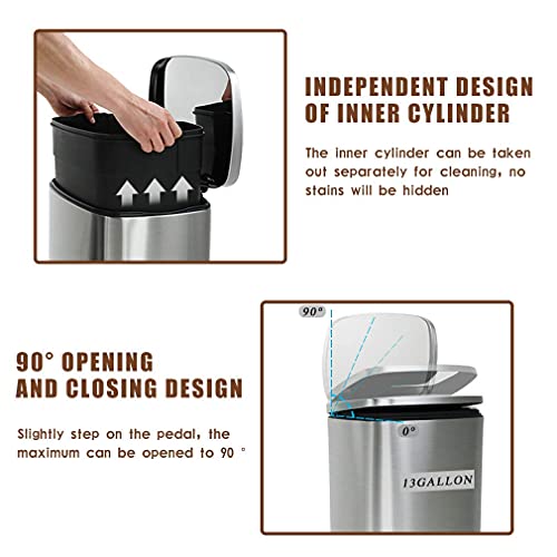 13.2 Gallon(50L) Trash Can, Fingerprint Proof Stainless Steel Kitchen Garbage Can with Removable Inner Bucket and Hinged Lids, Pedal Rubbish Bin for Home Office