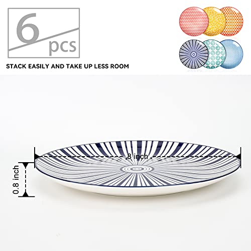 KitchenTour Ceramic Dinner Plates - 8 Inch Dessert Pizza Pasta Salad Plate Set - Dishwasher and Microwave Safe - Set of 6, Vintage
