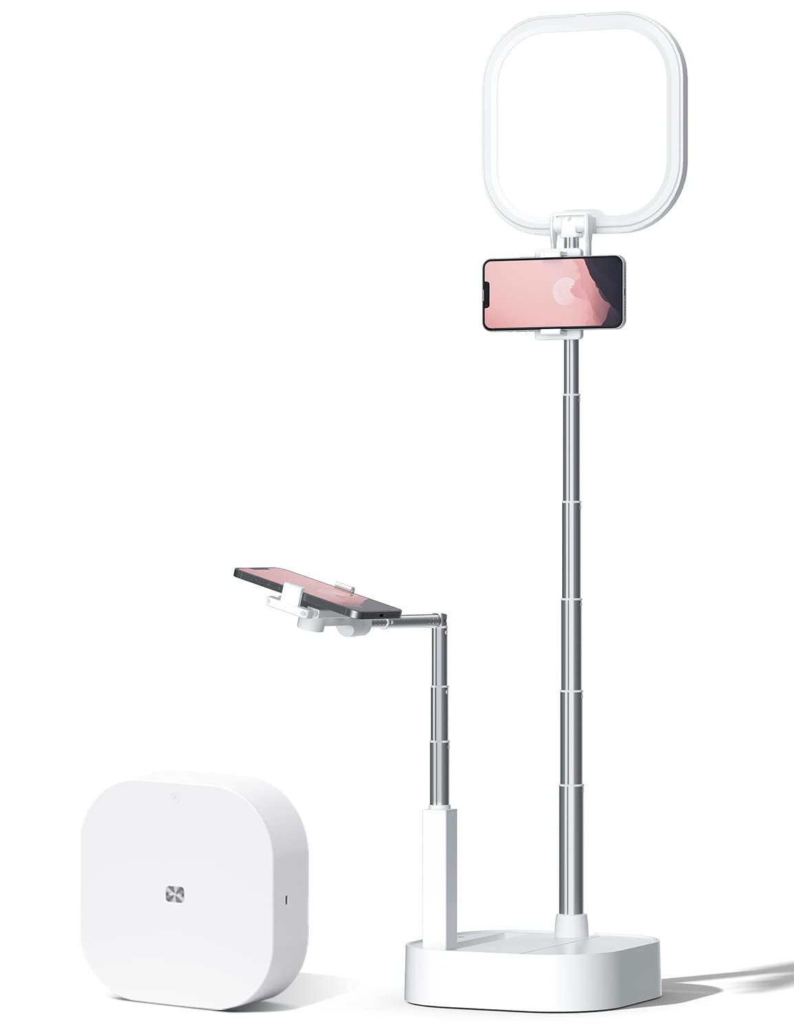 Viozon Extendable Selfie Stand,Height&Angle Adjustable,Overhead 360° Rotate,2 Phone Holders,Rechargeable Wireless Foldable 15 Brightness LED Light for Live Streaming/YouTube/Tiktok/Video/Makeup