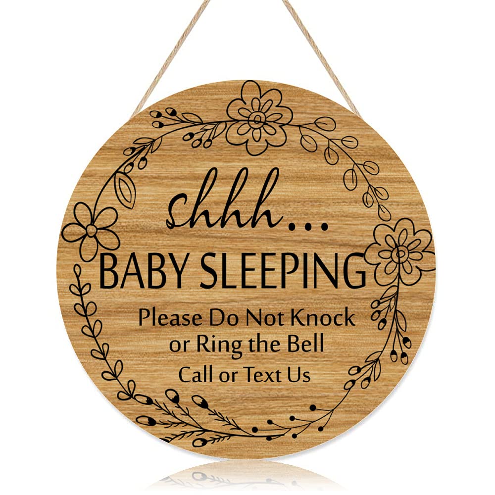 Rustic Baby Sleeping Hanging Sign Plaque, Do Not Knock Or Ring The Bell, Round Sturdy Wooden Door Hanger for Baby Room, Nursery, Kindergarten, Bedroom, Door Knob Decor