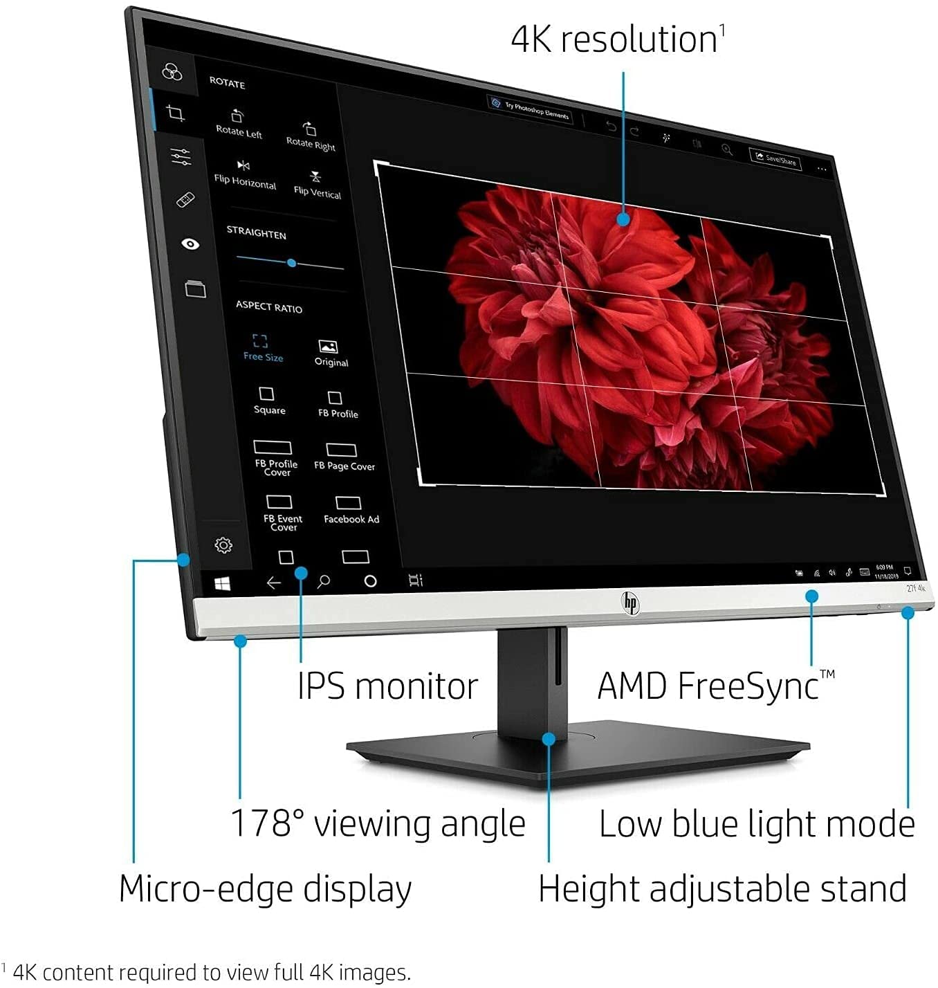 HP New Premium 27f 4K Monitor: 27" UHD 3840 x 2160 (4K) IPS Micro-Edge Display, AMD FreeSync Tech, Height/Tilt Adjustment, HDMI, DisplayPort, 5ms Response time, 16:9 Aspect Ratio, 60Hz,TF HDMI Cable