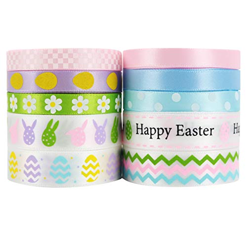 Llxieym Easter Ribbon Egg Bunny Flower Satin Ribbon Fabric Wrapping Gift Ribbon for Easter Decoration DIY Craft, 10 Rolls (Color 1)
