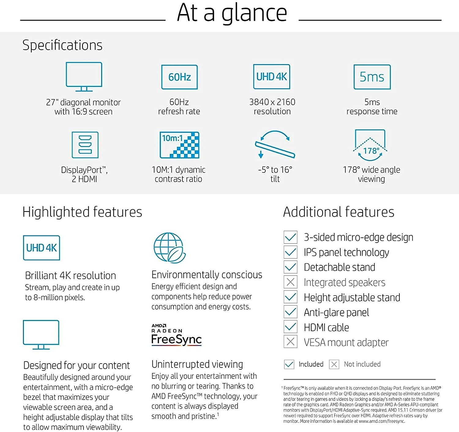 HP New Premium 27f 4K Monitor: 27" UHD 3840 x 2160 (4K) IPS Micro-Edge Display, AMD FreeSync Tech, Height/Tilt Adjustment, HDMI, DisplayPort, 5ms Response time, 16:9 Aspect Ratio, 60Hz,TF HDMI Cable