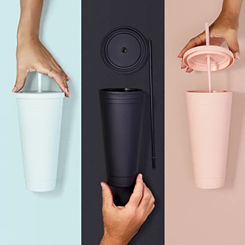 Maars Acrylic Travel Tumbler with Lid and Straw | 32oz Premium Insulated Double Wall XL Plastic Reusable Cups - Clear/Matte Assorted, 4 Pack