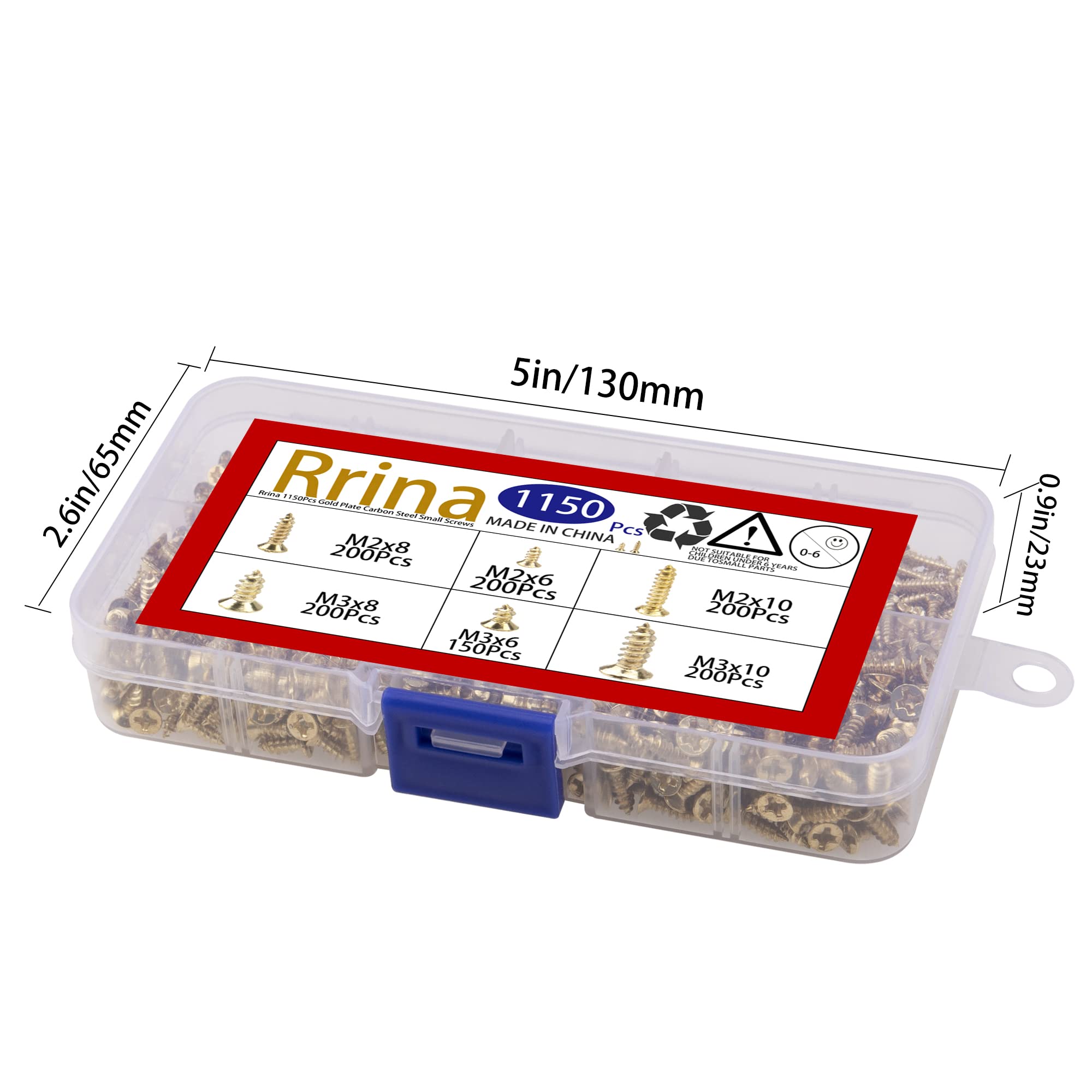 Rrina 1150Pcs M2 M3 Gold Plate Carbon Steel Small Screws Phillips Flat Head Cross Self Tapping Tiny Screw Cabinet Electronic Accessories Screw DIY Micro Woodworking Mini Screw Assortment Kit