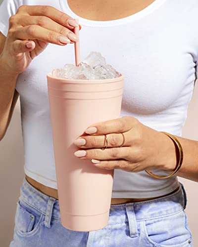 Maars Acrylic Travel Tumbler with Lid and Straw | 32oz Premium Insulated Double Wall XL Plastic Reusable Cups - Clear/Matte Assorted, 4 Pack