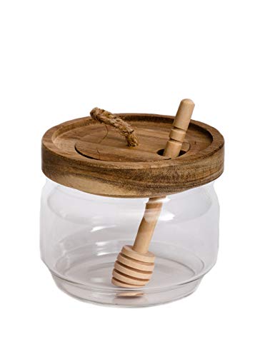 Honey Jar Pot Glass Holder Dispenser Set with Wooden Dipper Stick and Acacia Lid Cover for Home Kitchen, Clear, Modern Honey Syrup Glass Container for Storage Gift, Honey Pot and Drizzler (9 Oz)