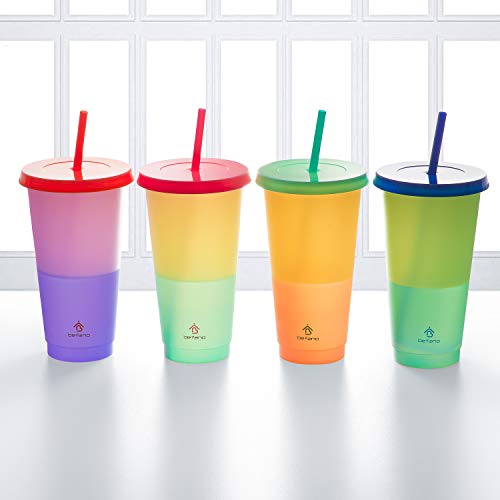 Befano Color Changing Cups, 24oz Reusable Plastic Cups with Lids and Straws for Adults and Kids, Bulk Tumblers for Iced Coffee Tea and Smoothie, To go Summer Cups for Party and Travel -4 Pack