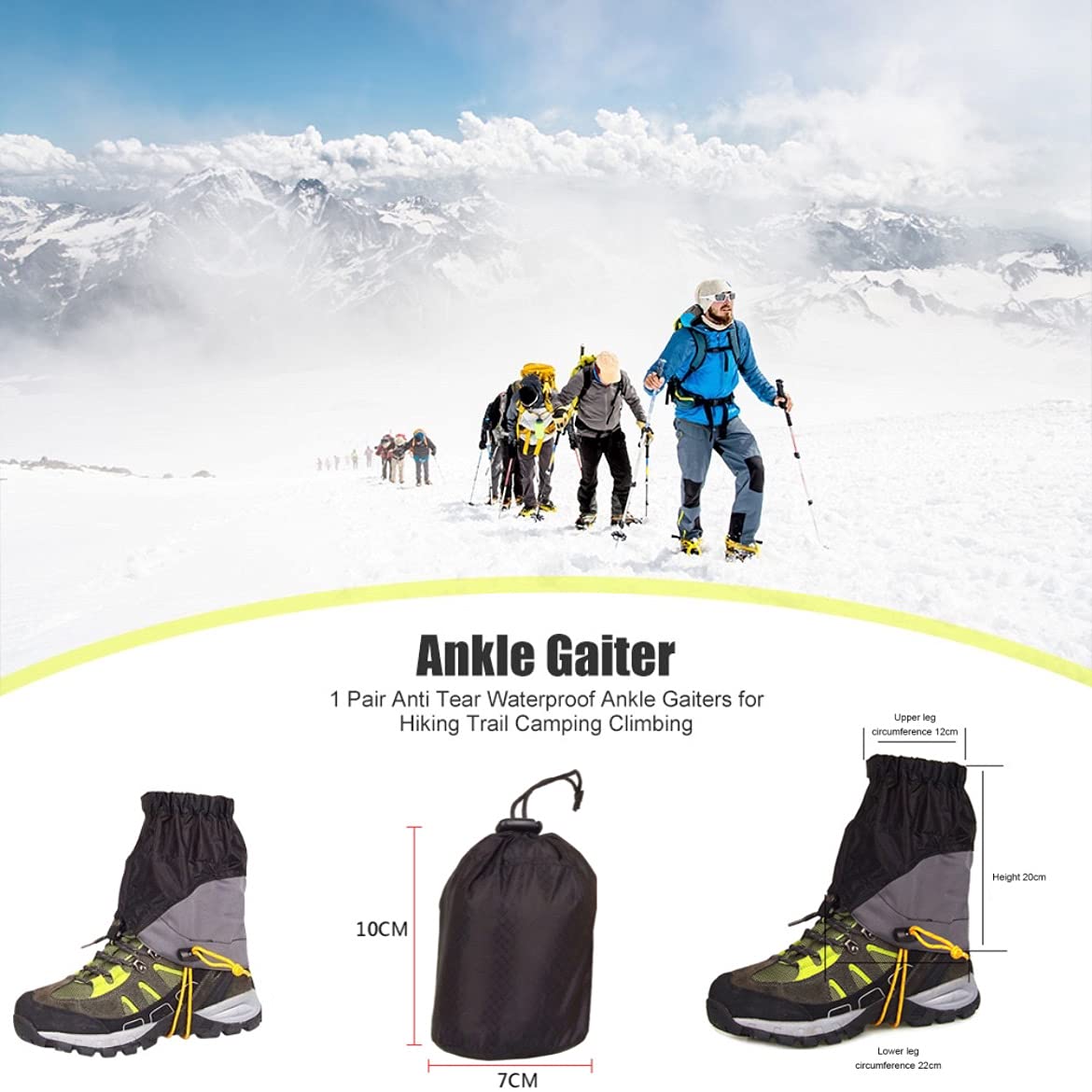 DDJOY Avadic Hiking Leg Gaiters, Waterproof Low Shoe Gaiters, Lightweight Adjustable Snow Boot Ankle Gaiters for Hiking, Hunting, Climbing, Woodcutting, Grey