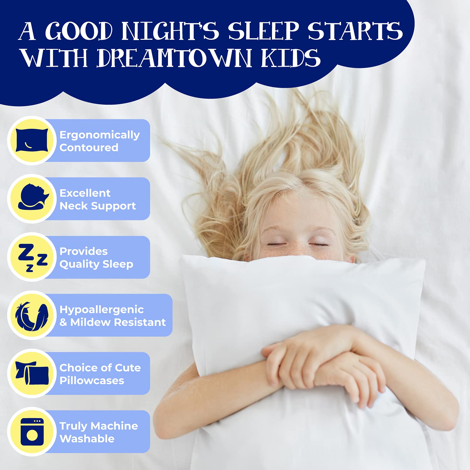 Dreamtown Kids Toddler Pillow & Pillowcase, Hypoallergenic, Made in USA, Soft & Breathable