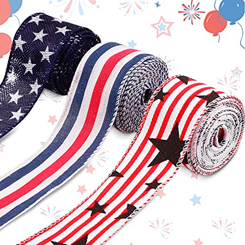 3 Rolls Patriotic Wired Ribbons Independence Day Ribbon Patriotic Stripe Wired Ribbon USA Flag Star Ribbon 4th of July Ribbons for Memorial Day, Veterans Day, 4th of July, President's Day Decors