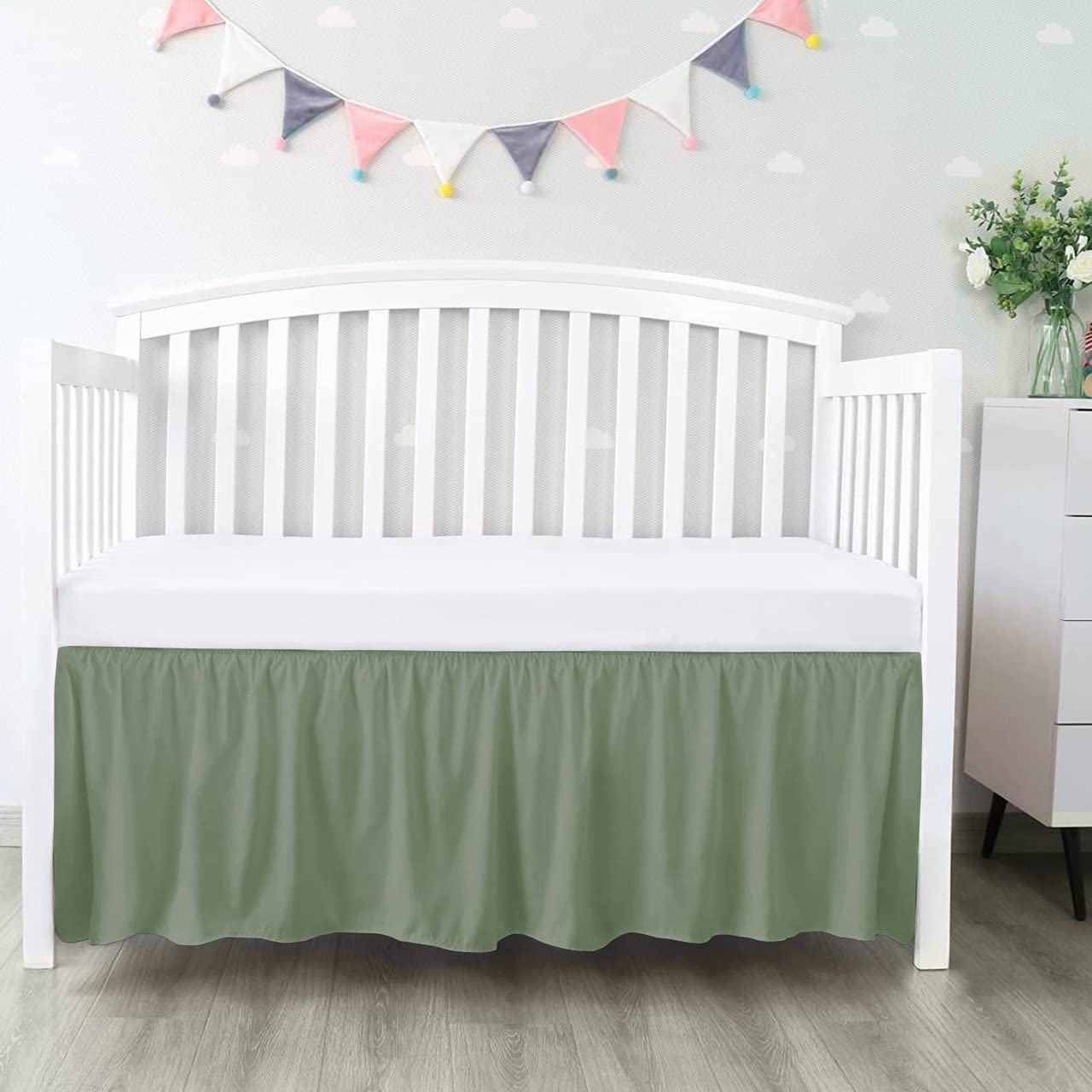 100% Egyptian Cotton, Nursery Crib Toddler (28" x 52" x 14") 800 Thread Count Crib Skirt Dust Ruffle, Bedding Skirts for Baby Boys or Girls, 14" Drop, Sage Solid