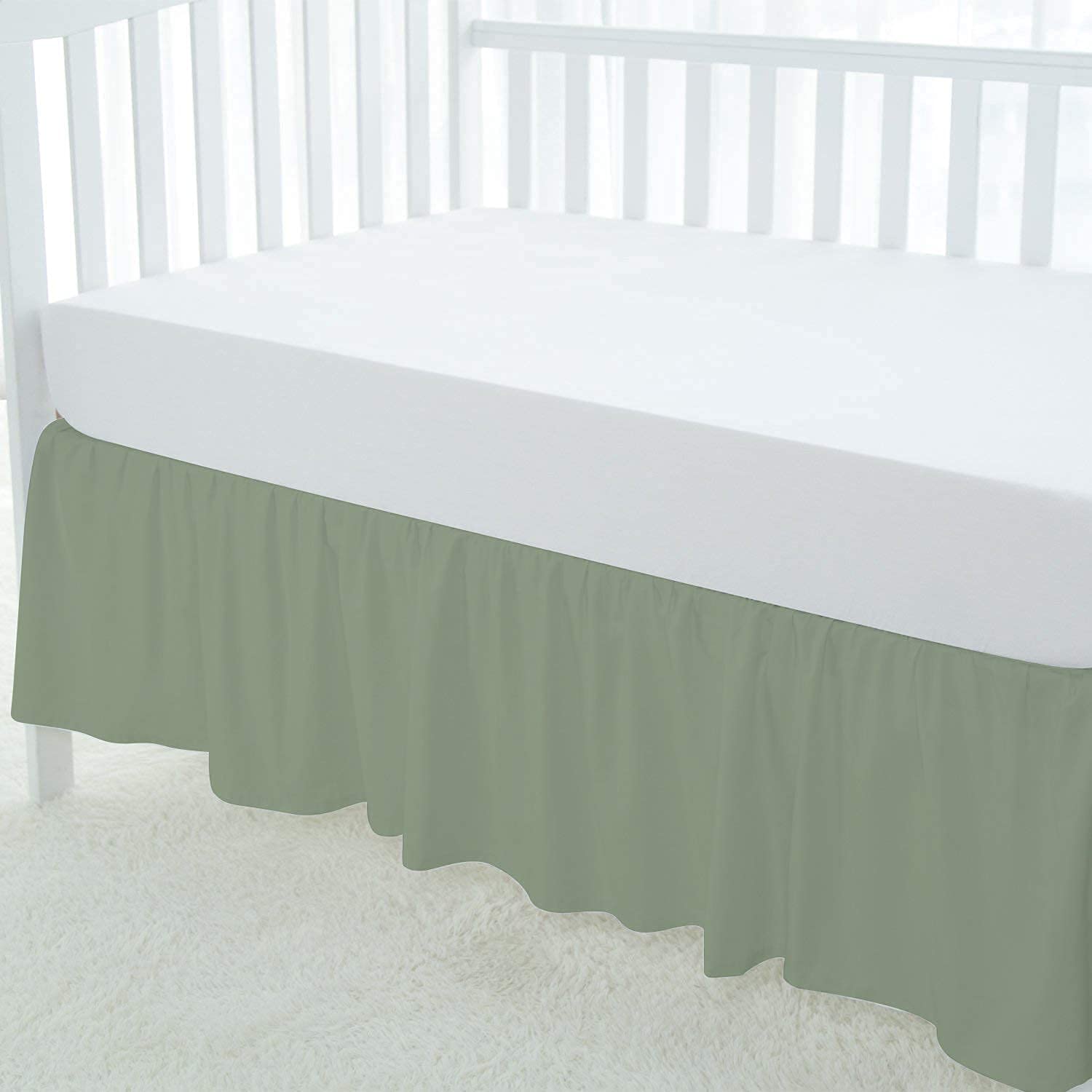 100% Egyptian Cotton, Nursery Crib Toddler (28" x 52" x 14") 800 Thread Count Crib Skirt Dust Ruffle, Bedding Skirts for Baby Boys or Girls, 14" Drop, Sage Solid