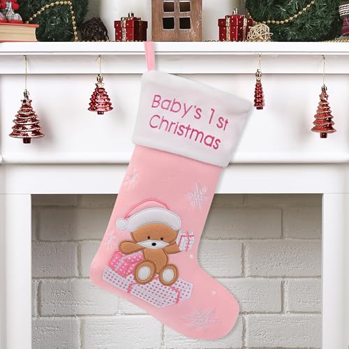 Cuteoy Baby’s First Christmas Stockings Boy Girl Xmas Stockings Gifts for Newborn Ornament Home Family Decor,Pink, 20’’