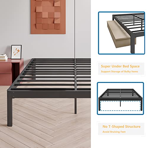COMASACH Queen-Size Bed-Frame with Round Corner and Cylinder-Shaped Leg, 4000 lbs Heavy Duty Non Slip Metal Bed Frames No Box Spring Needed, 14 inch Noise Free Mattress Foundation, Black