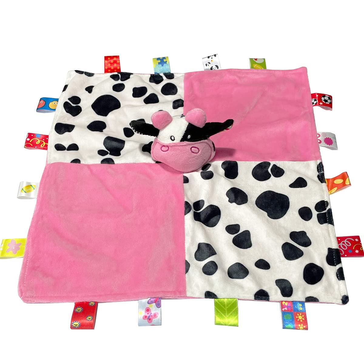 FOMAISELF 1 PC Cute Pink Cow Baby Tags Blanket, Kids Soft Label Blanket Built-in Bell, Stuffed Animal Blanket with Tag for Baby Boy and Girl(13x13)