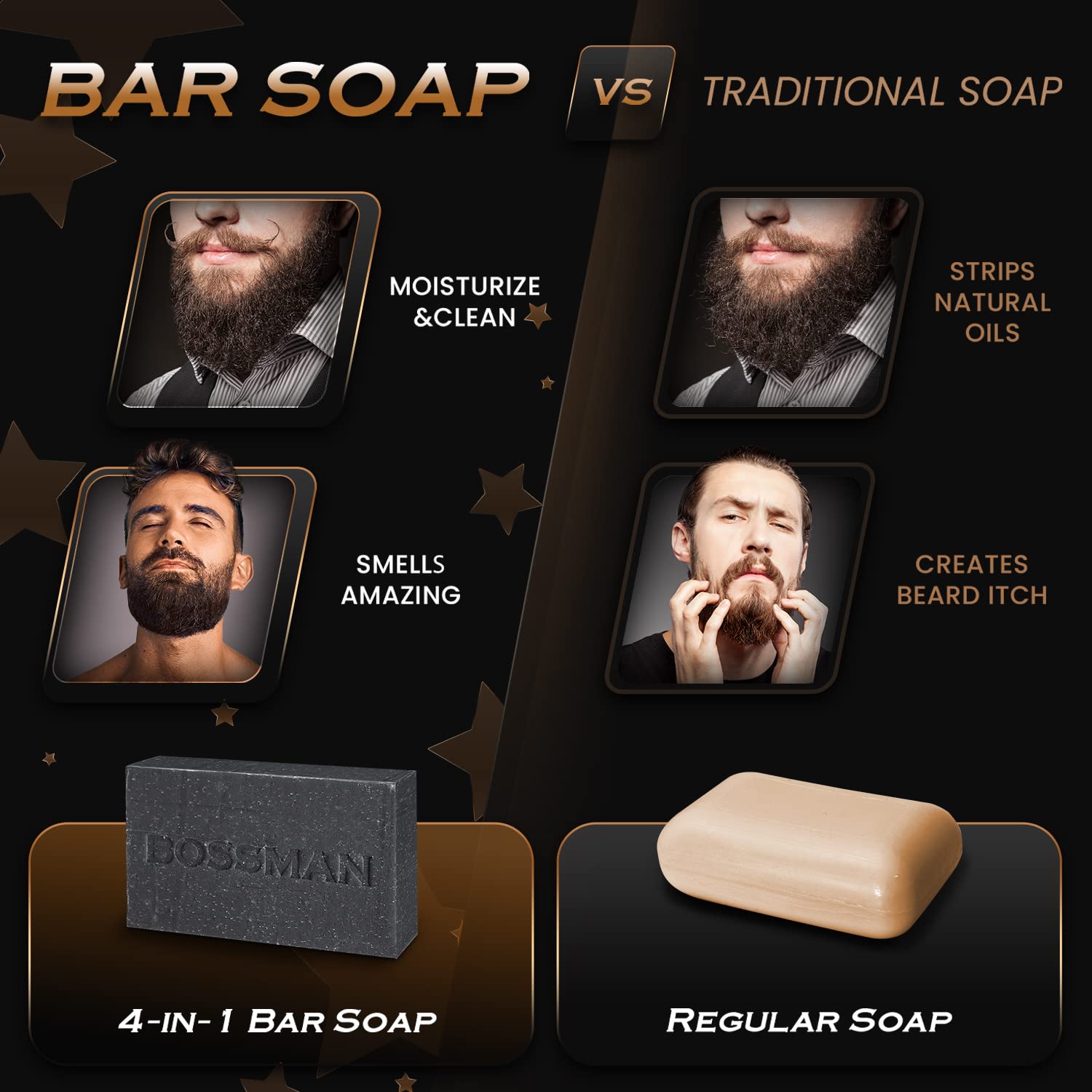 Bossman Men’s Bar Soap 4-in-1 – All Natural Organic Beard Wash, Shampoo, Body Wash, Shaving and Bath Soap - Essential Beard Care (4oz), Scent- Eucalyptus and Tea Tree