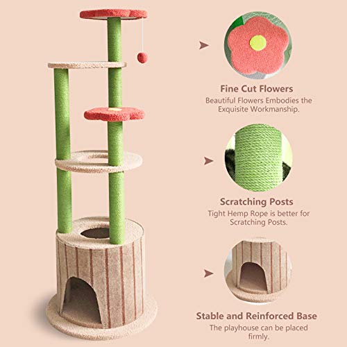 SENNAUX 51in Cat Tree Multi-Level Cat Tower Cat Condo Cat Activity Tree with Sisal Scratching Post Cat Climbing Flower Tower House for Cats Kittens Pets 6 Layers(Light Brown&Red)
