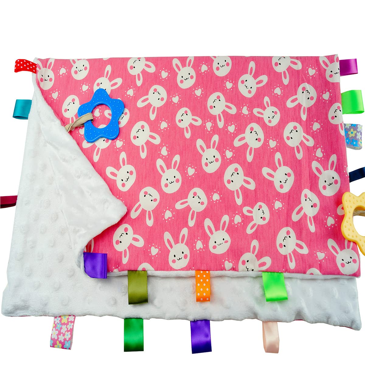 1 PC White Rabbit Big Size Baby Tag Blanket, Soft Baby Security Label Blanket, Taggy Blanket for Toddler Gift(21.7x17.7)