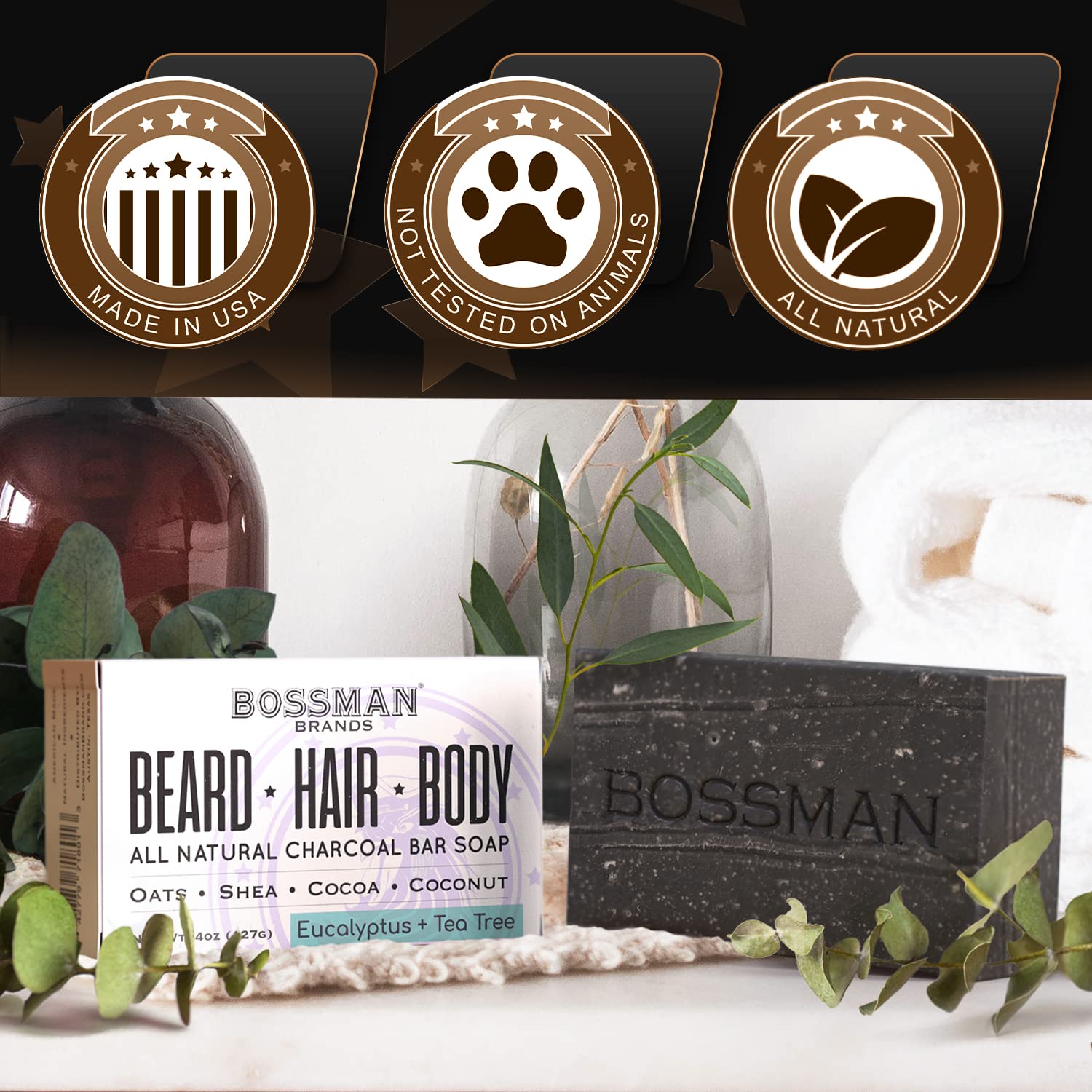Bossman Men’s Bar Soap 4-in-1 – All Natural Organic Beard Wash, Shampoo, Body Wash, Shaving and Bath Soap - Essential Beard Care (4oz), Scent- Eucalyptus and Tea Tree