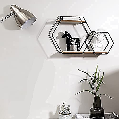 Fasyou Hexagon Floating Shelves Cute Black Honeycomb Shelves Wall Mounted Shelves with Metal Bracket Rustic Solid Wood Wall Shelves for Living Room,Bedroom,Black