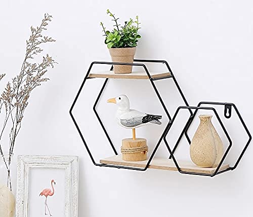 Fasyou Hexagon Floating Shelves Cute Black Honeycomb Shelves Wall Mounted Shelves with Metal Bracket Rustic Solid Wood Wall Shelves for Living Room,Bedroom,Black
