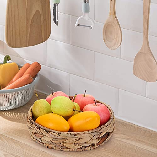 Cedilis 3 Pack Fruit Tray Weaving by Grass, Woven Serving Tray, Round Serving Basket, Decorative Tray Storage Bins for Serving Bread, Fruit, Vegetables, Snack, Tea, Parties Kitchen Organizer