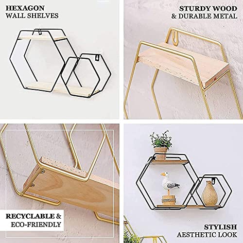 Fasyou Hexagon Floating Shelves Cute Black Honeycomb Shelves Wall Mounted Shelves with Metal Bracket Rustic Solid Wood Wall Shelves for Living Room,Bedroom,Black