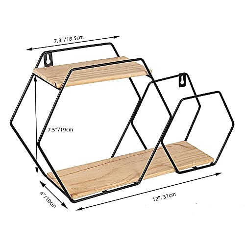 Fasyou Hexagon Floating Shelves Cute Black Honeycomb Shelves Wall Mounted Shelves with Metal Bracket Rustic Solid Wood Wall Shelves for Living Room,Bedroom,Black