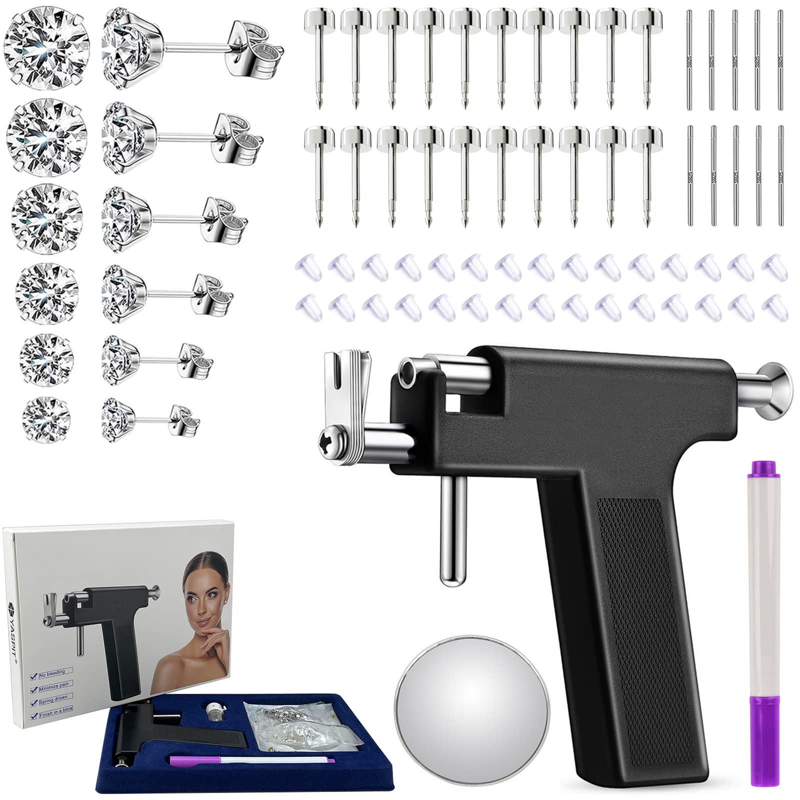YASPIT Ear Piercing Gun Kit,Ear Nose Navel Body Hole Piercing Machine, Professional Tool For Salon Home Use (Black)