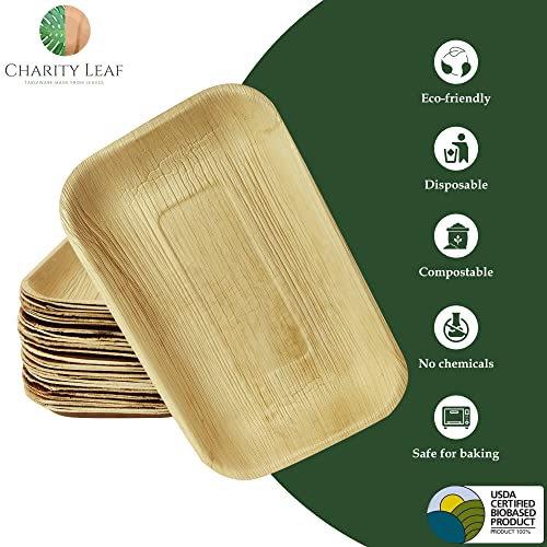 Charity Leaf Disposable Palm Leaf 11" x 7" Trays (25 Pieces) Bamboo Like Serving Platters, Disposable Boards, Eco-Friendly Dinnerware for Weddings, Catering, Events