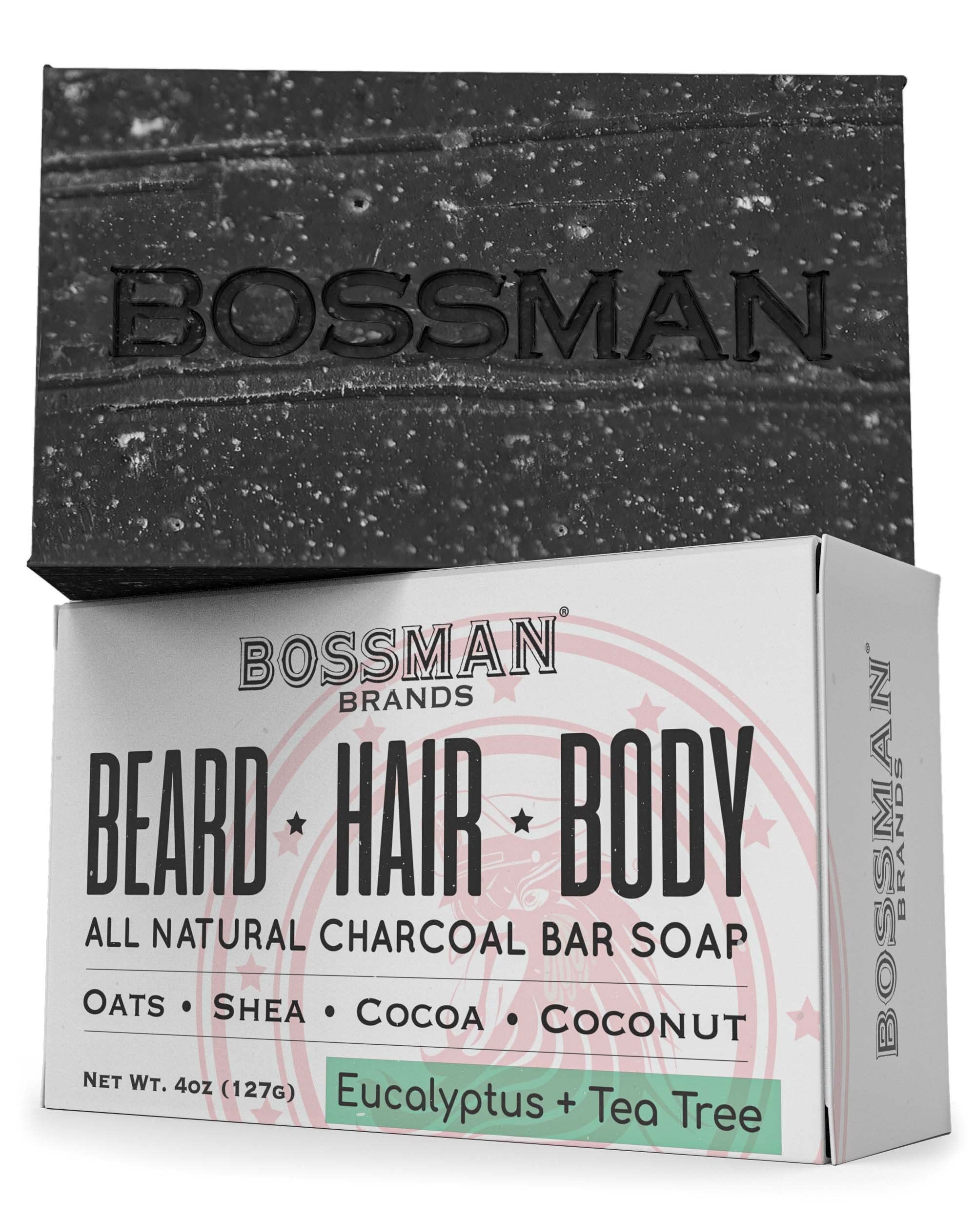 Bossman Men’s Bar Soap 4-in-1 – All Natural Organic Beard Wash, Shampoo, Body Wash, Shaving and Bath Soap - Essential Beard Care (4oz), Scent- Eucalyptus and Tea Tree