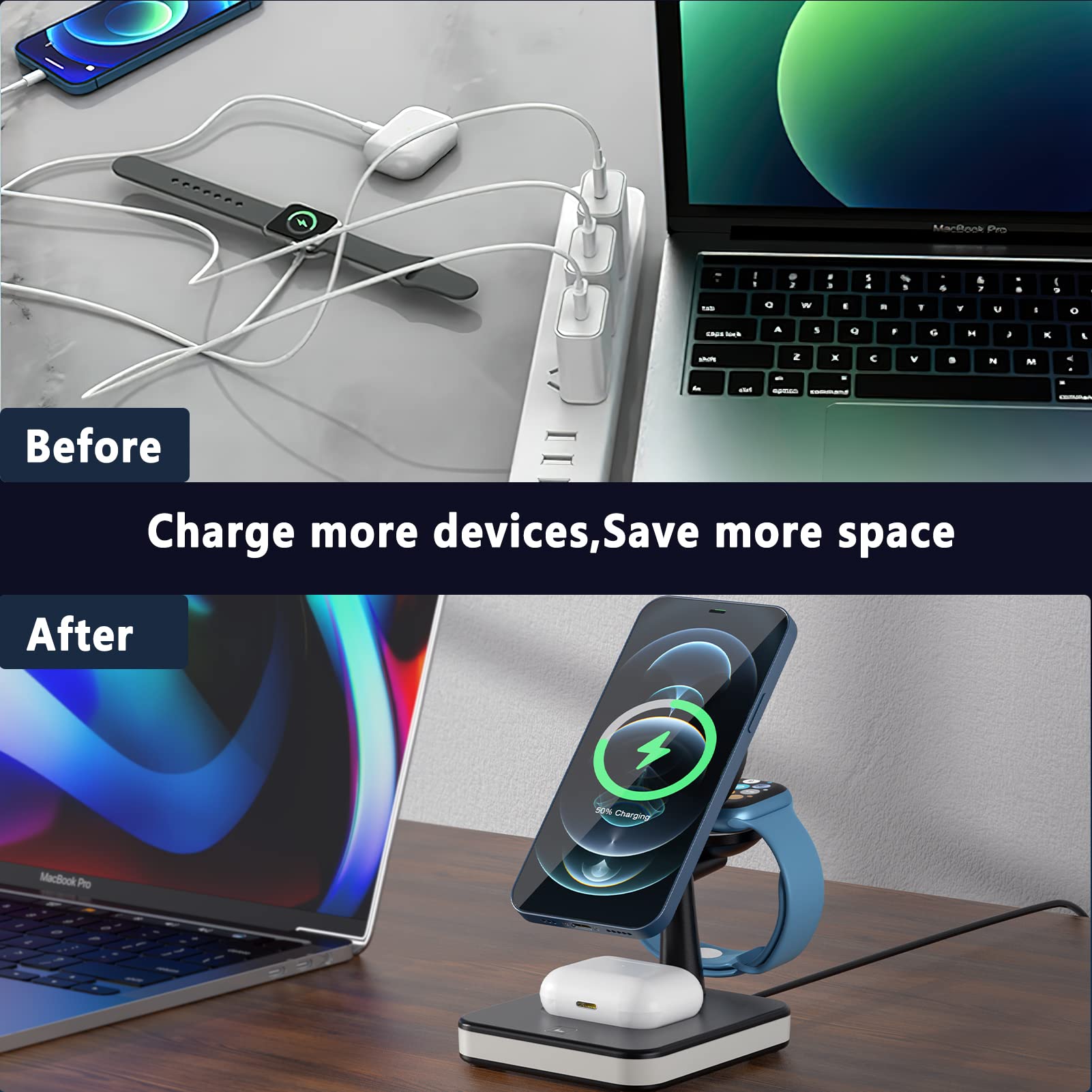 Magnetic Wireless Charging Station, 15W Fast Wireless Charger 4 in 1 MagSafe Charger Stand for iPhone 13/12/Pro/Pro Max/Mini, iWatch and Airpods 3/2/Pro with Night Light (18W QC3.0 Adapter Included)