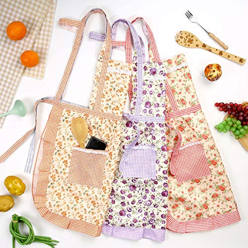 Syhood 3 Pieces Kitchen Floral Aprons Soft Flower Aprons Women Chef Aprons Adjustable Cooking Aprons with Pockets for Kitchen Cooking Baking Gardening Household Cleaning Supplies, 3 Colors