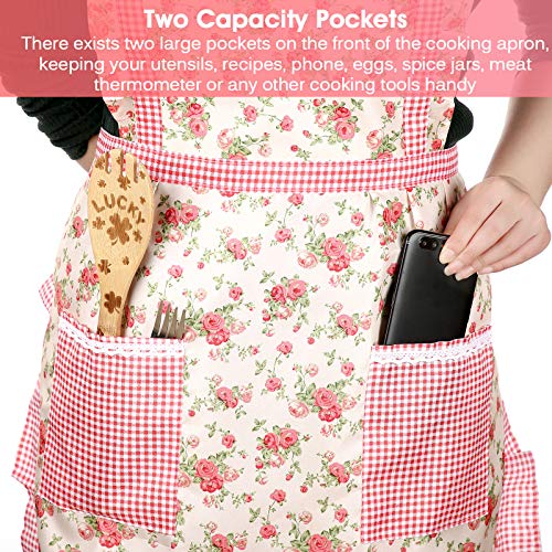 Syhood 3 Pieces Kitchen Floral Aprons Soft Flower Aprons Women Chef Aprons Adjustable Cooking Aprons with Pockets for Kitchen Cooking Baking Gardening Household Cleaning Supplies, 3 Colors