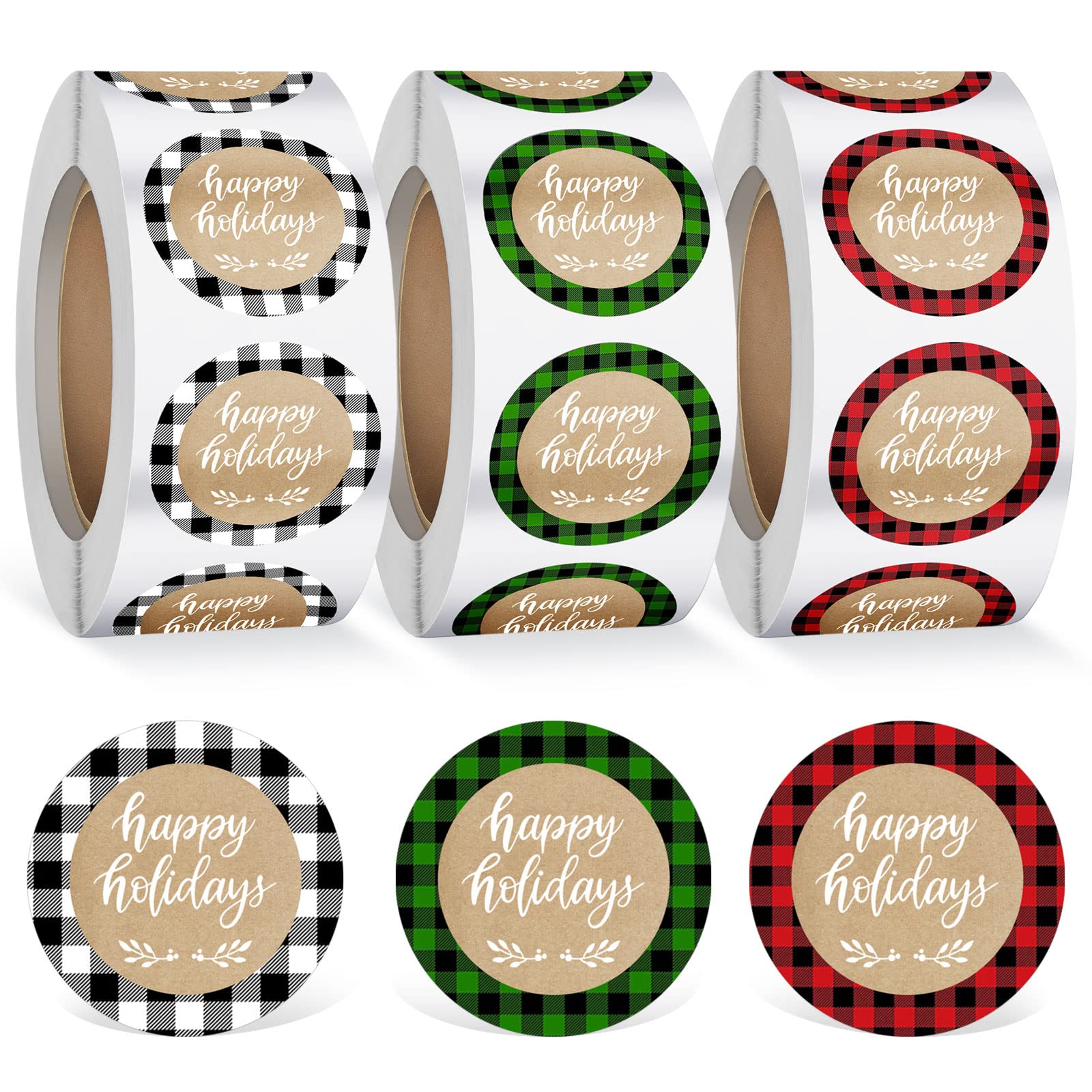 Outus 1500 Pcs Happy Holiday Stickers St Patrick Back to School Gift Wrap for Teacher Envelope Labels Roll Buffalo Plaid Sticker Round Tag Seal Decals for Baby Shower Greeting Cards Supplies, 1 Inches