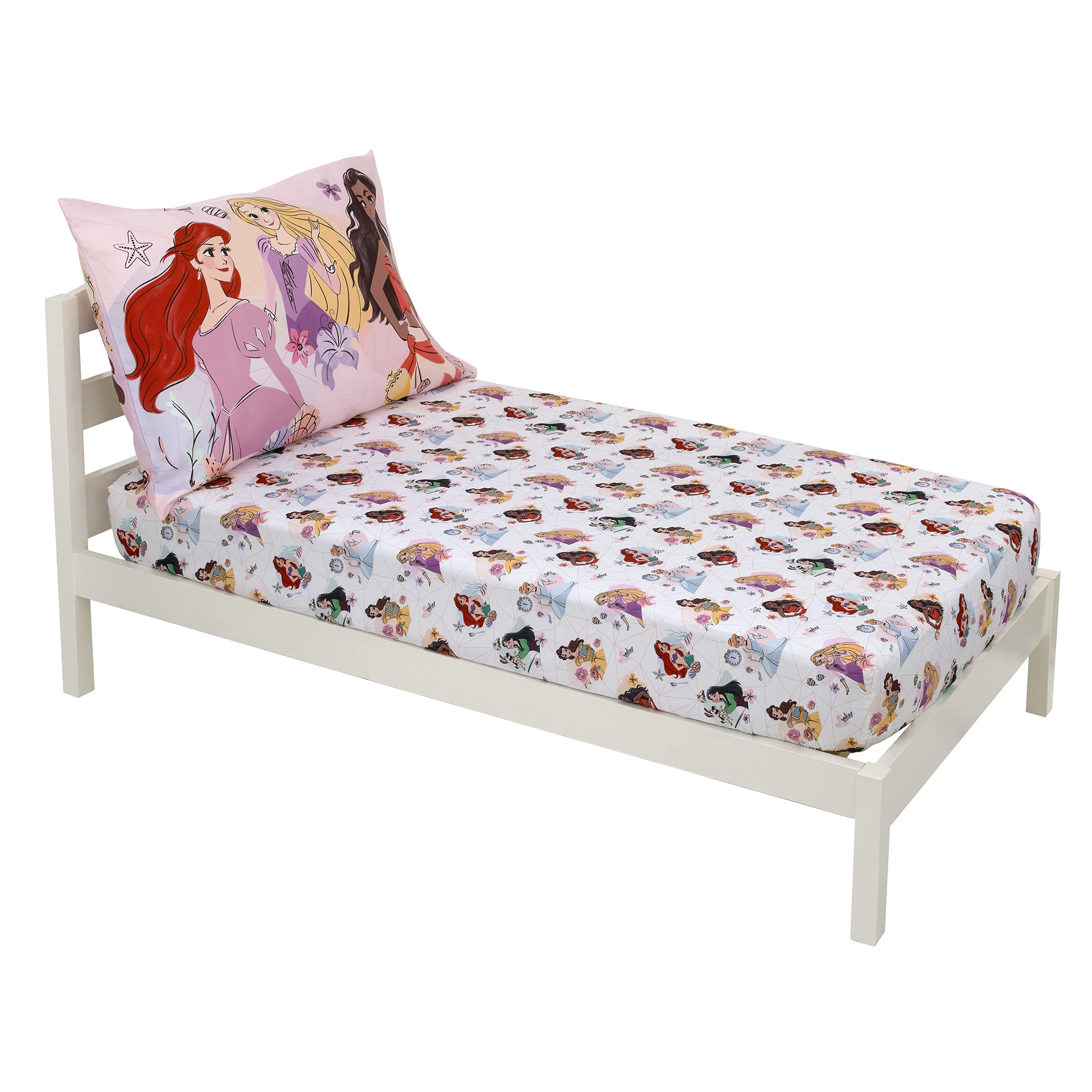 Disney Princess Bold As Ever Pink, Lavender, Yellow Belle, Cinderella, Mulan, Ariel, Moana and Rapunzel 2 Piece Toddler Sheet Set - Fitted Sheet and Reversible Pillowcase